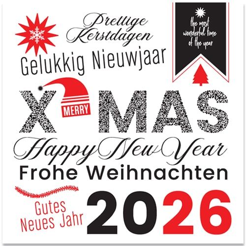 Kerstkaart 2026, kerstwensen in meerdere talen in rood, zwart en wit