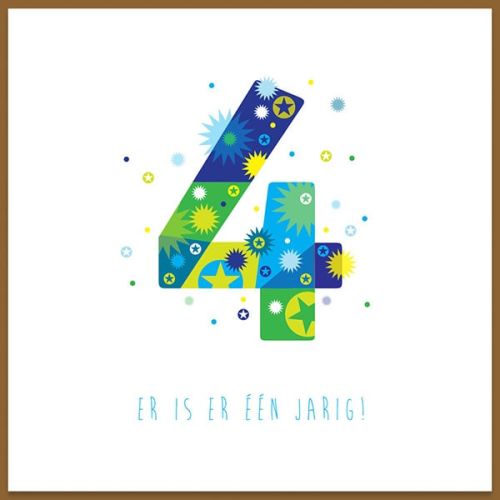 verjaardagskaart 4 jaar, sterren in blauw groen + envelop